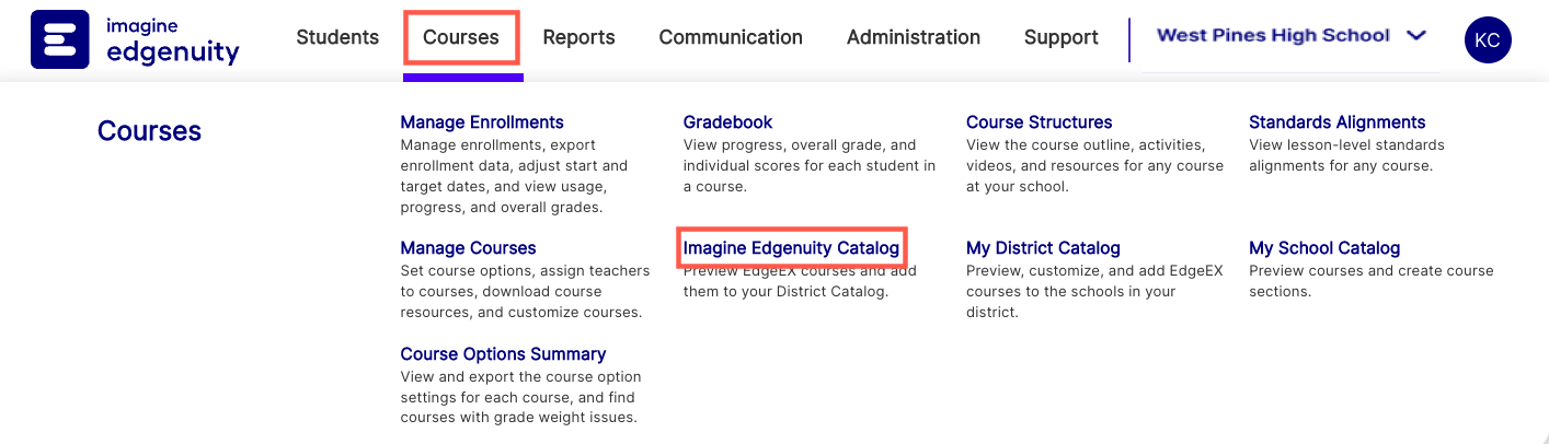 EdgeEX – Locating courses in the Imagine Edgenuity Catalog – Edgenuity