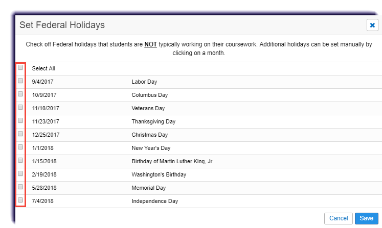 Setting Federal Holidays – Edgenuity