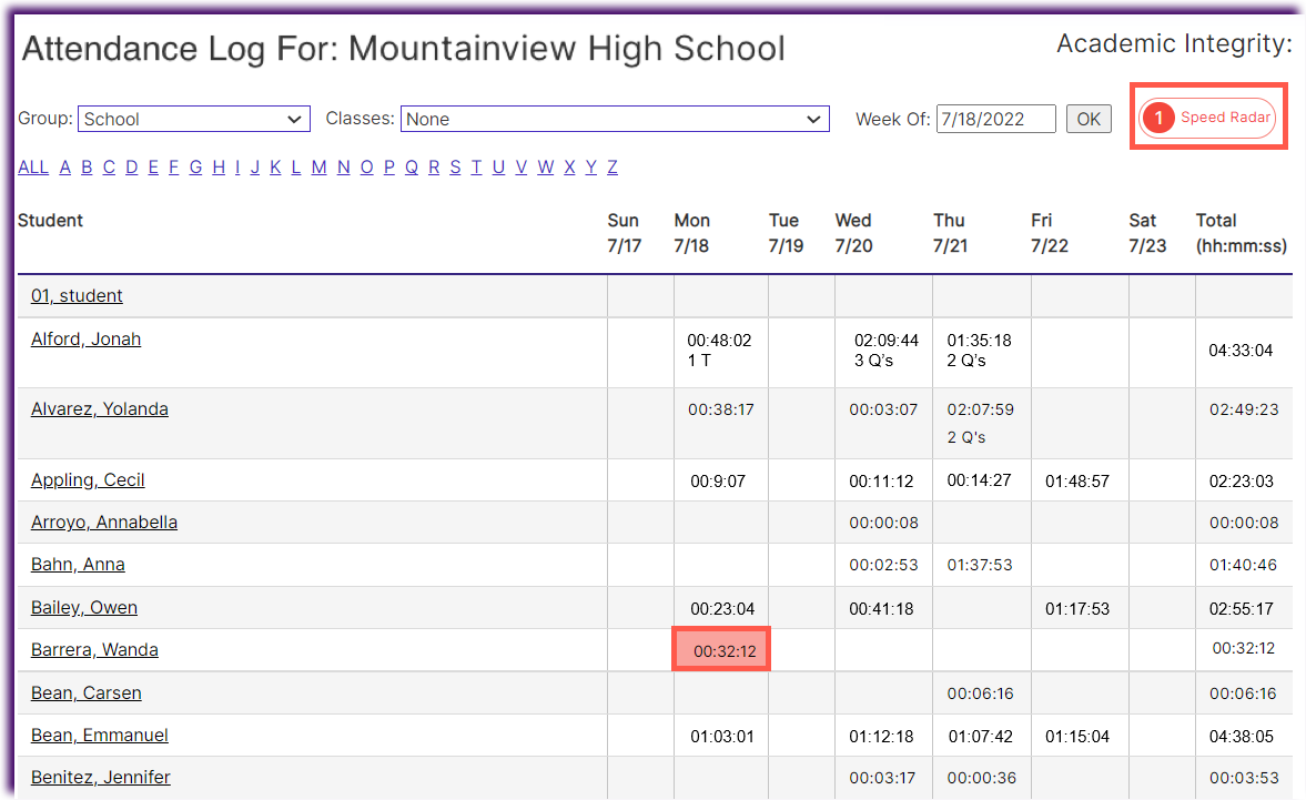Using Speed Radar in the Attendance Log – Edgenuity