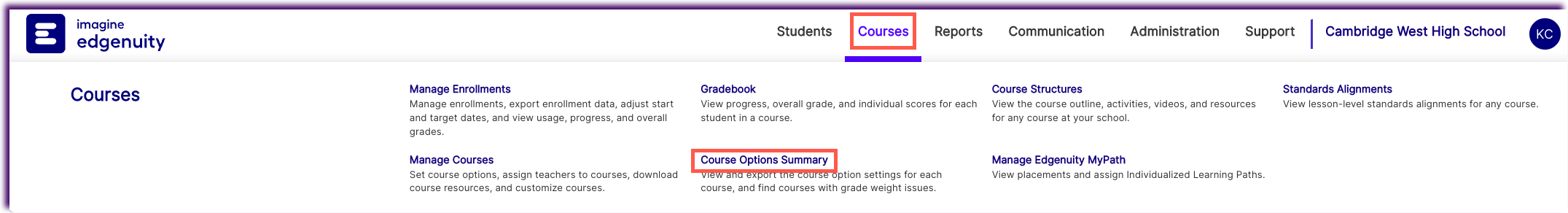 Course Options Summary – Edgenuity
