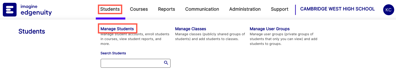 Accessing the Active Students tab – Edgenuity