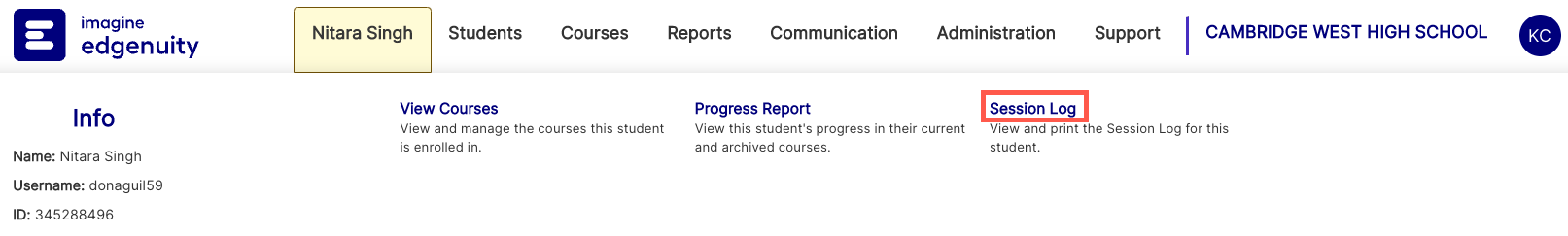 Accessing the Session Log – Edgenuity