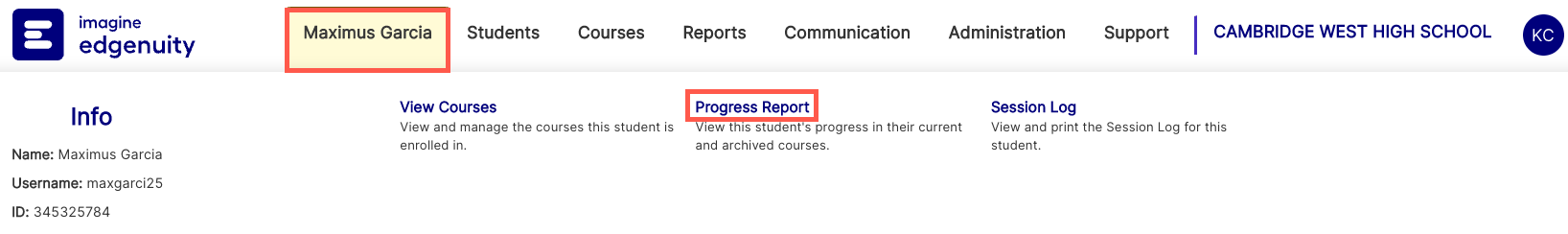 Viewing a Student's Progress Report – Edgenuity