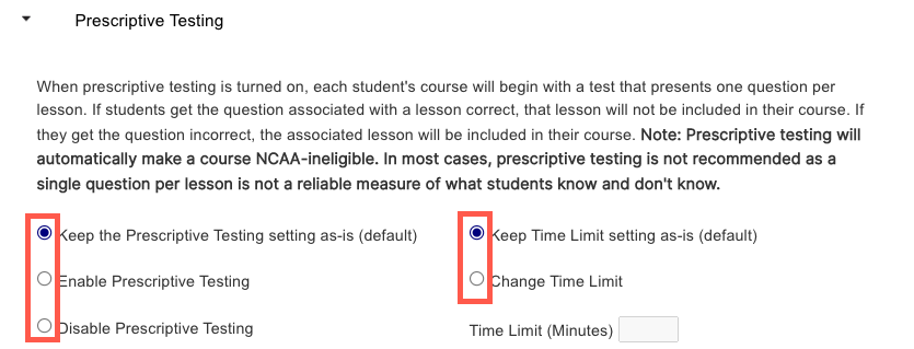 Setting Prescriptive Testing for Multiple Courses – Edgenuity